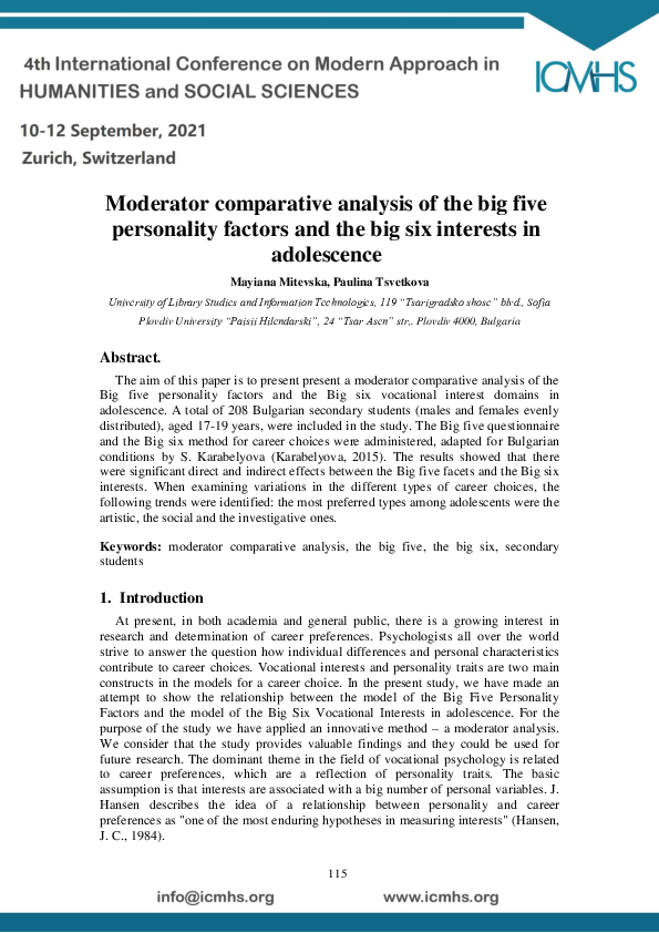 (PDF) Moderator comparative analysis of the big five personality traits and the big six ...