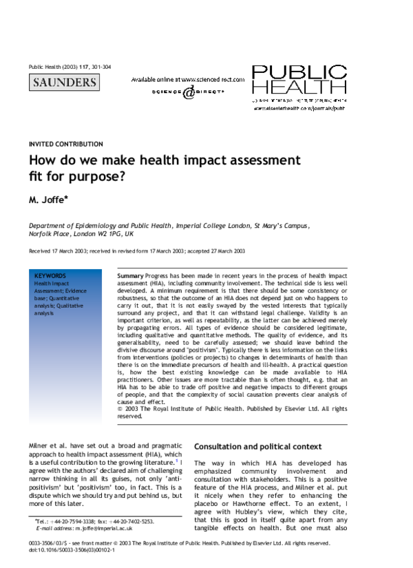(PDF) How do we make health impact assessment fit for purpose?