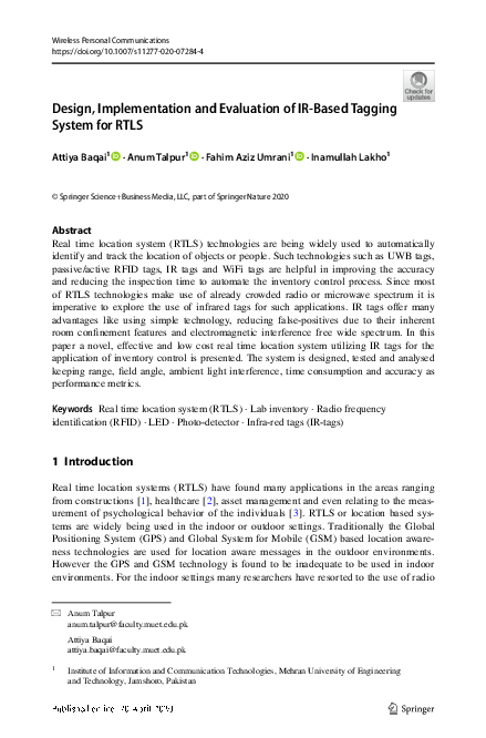 (PDF) Design, Implementation and Evaluation of IR-Based Tagging System for RTLS | Attiya Baqai ...