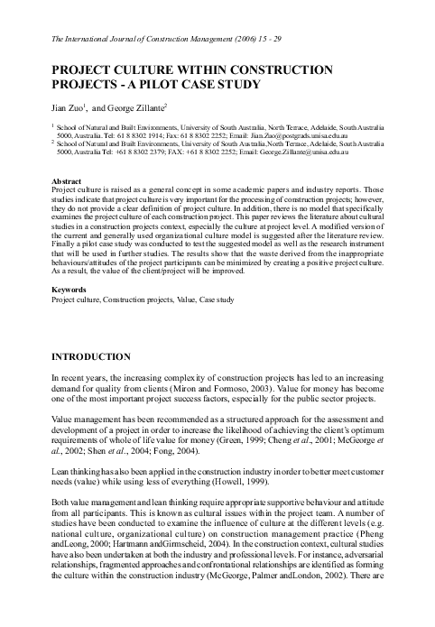 (PDF) Project Culture within Construction Projects - A Pilot Case Study
