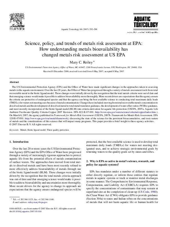 (PDF) Science, policy, and trends of metals risk assessment at EPA: How ...