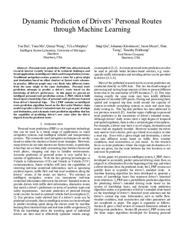 (PDF) Dynamic prediction of drivers' personal routes through machine ...
