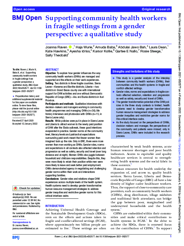 (PDF) Supporting community health workers in fragile settings from a gender perspective: a ...
