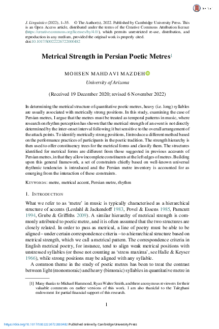 (PDF) Metrical Strength in Persian Poetic Meters