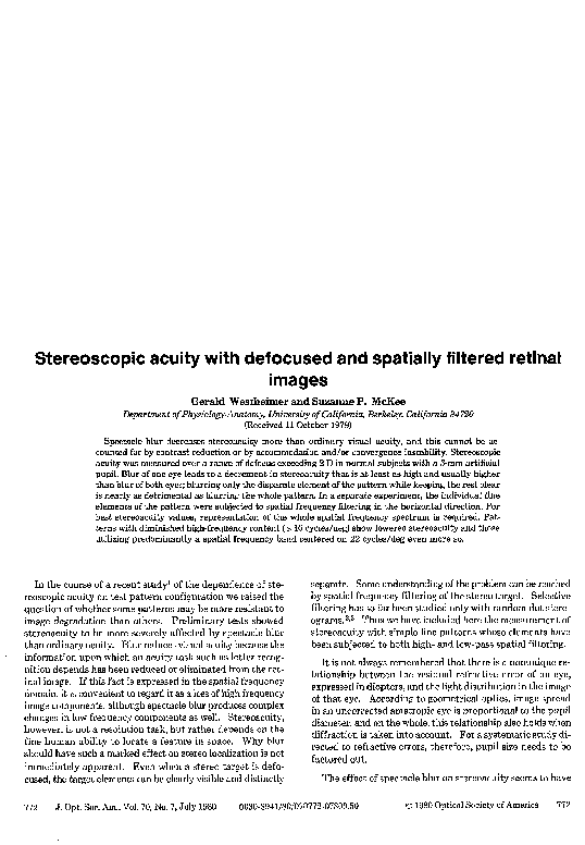 (PDF) Stereoscopic acuity with defocused and spatially filtered retinal ...