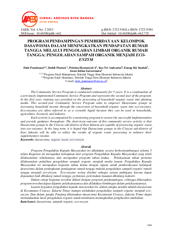 (PDF) PROGRAM PENDAMPINGAN PEMBERDAYAAN KELOMPOK DASAWISMA DALAM MENINGKATKAN PENDAPATAN RUMAH ...