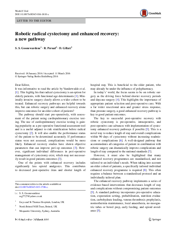 (PDF) Robotic radical cystectomy and enhanced recovery: a new pathway