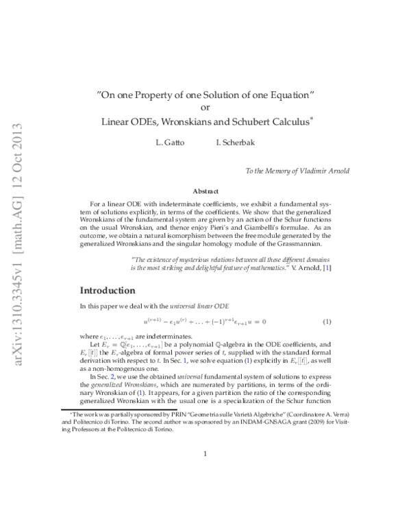 (PDF) Linear ODEs, Wronskians and Schubert Calculus | letterio gatto - Academia.edu