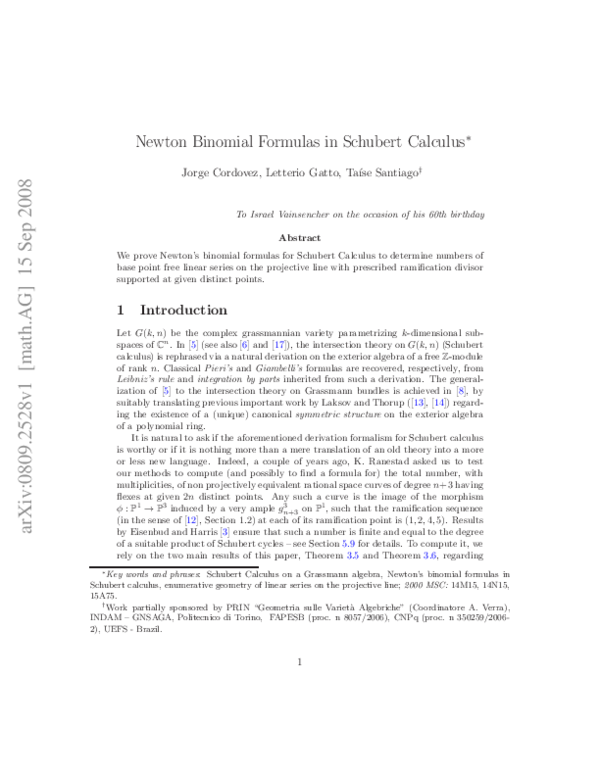 (PDF) Newton Binomial Formulas in Schubert Calculus
