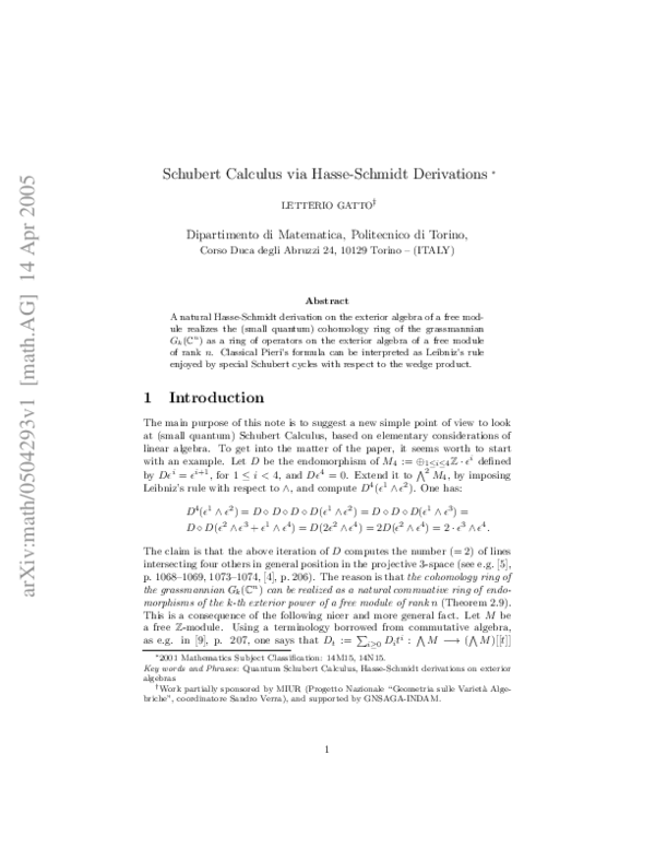 (PDF) Schubert Calculus via Hasse-Schmidt Derivations | letterio gatto ...