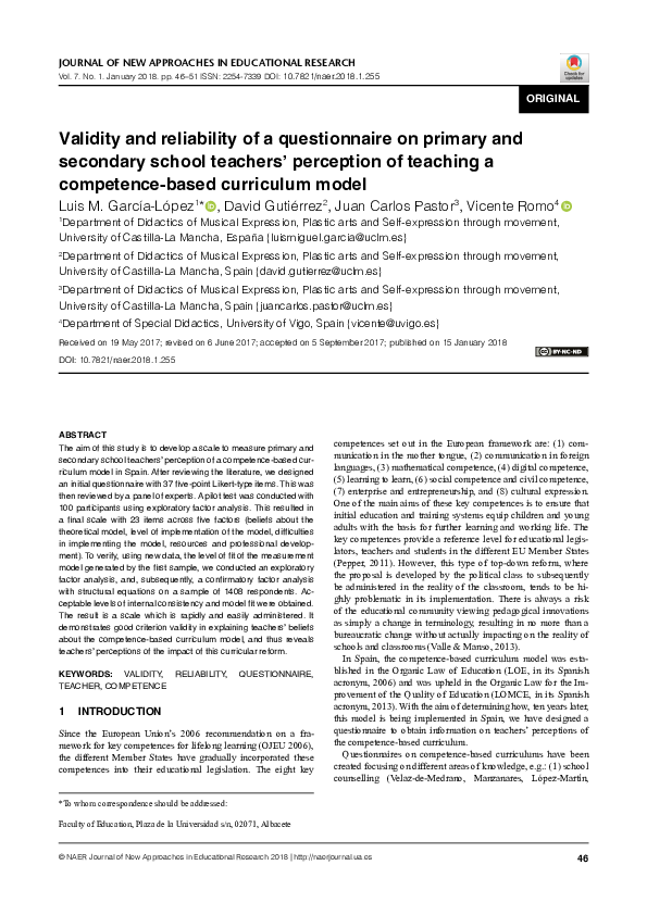 (PDF) Validity and reliability of questionnaire on perceived ...