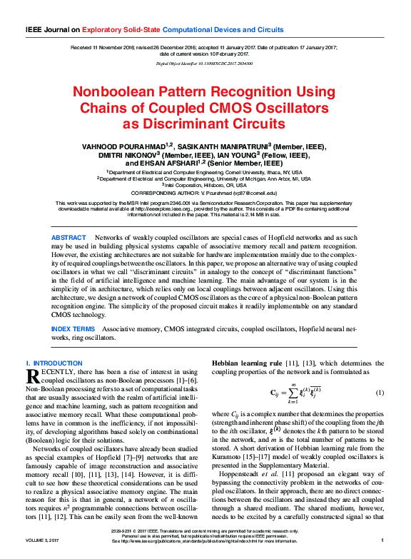 Pdf Nonboolean Pattern Recognition Using Chains Of Coupled Cmos Oscillators As Discriminant