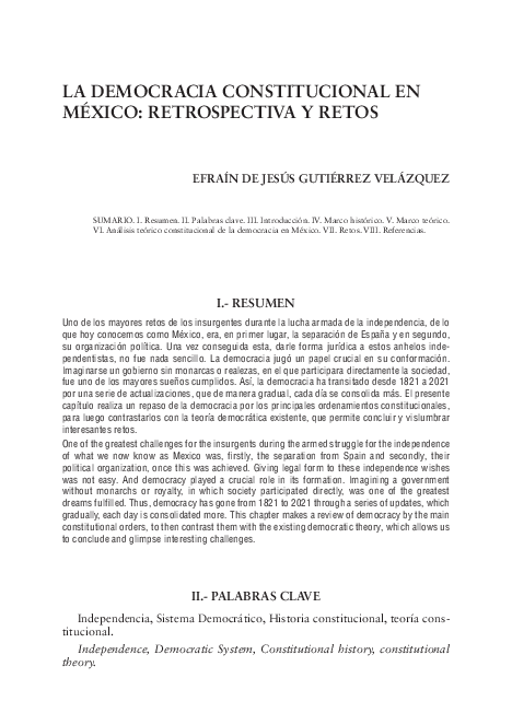 (PDF) LA DEMOCRACIA CONSTITUCIONAL EN MÉXICO: RETROSPECTIVA Y RETOS EFRAÍN DE JESÚS GUTIÉRREZ ...