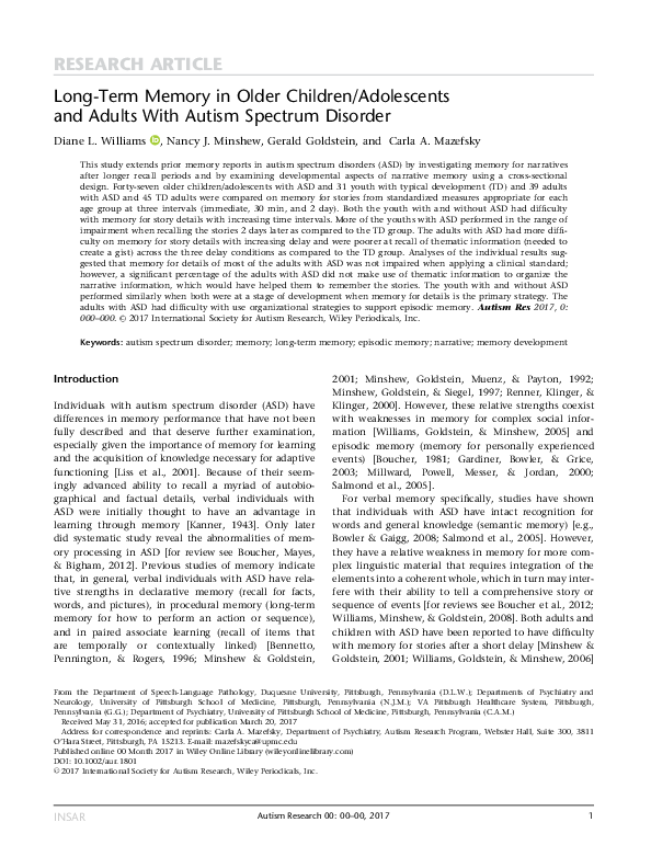 (PDF) Long-term memory in older children/adolescents and adults with ...