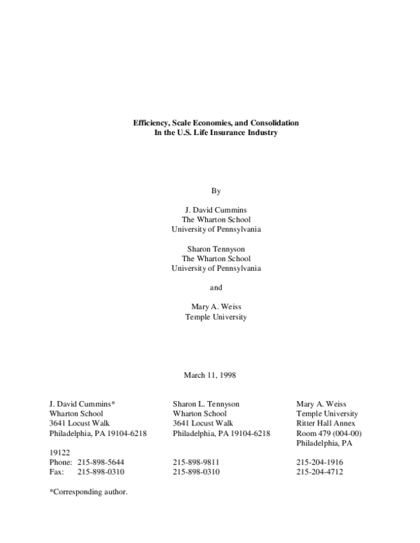 (PDF) Efficiency, Scale Economies and Consolidation in the U.S. Life ...