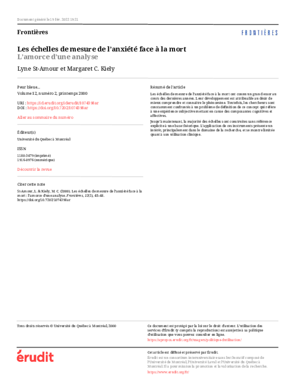 (PDF) Les échelles de mesure de l’anxiété face à la mort