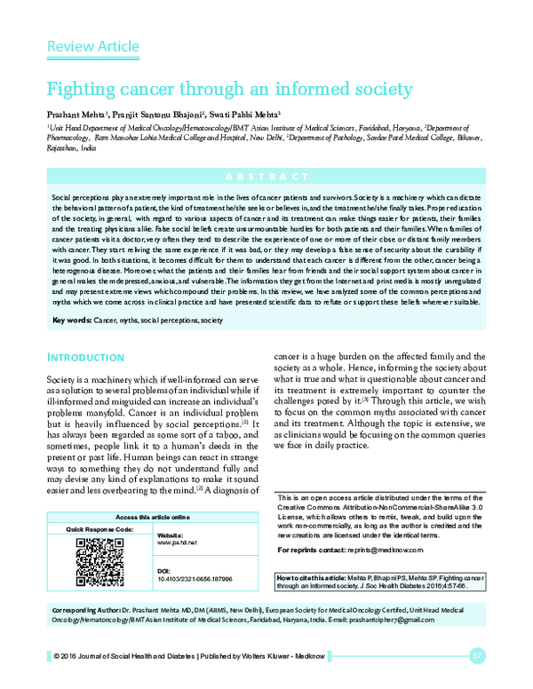 (PDF) Fighting cancer through an informed society | Prashant Mehta ...