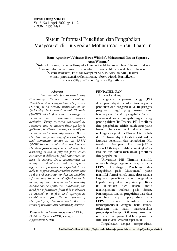 (PDF) Sistem Informasi Penelitian dan Pengabdian Masyarakat di Universitas Mohammad Husni Thamrin