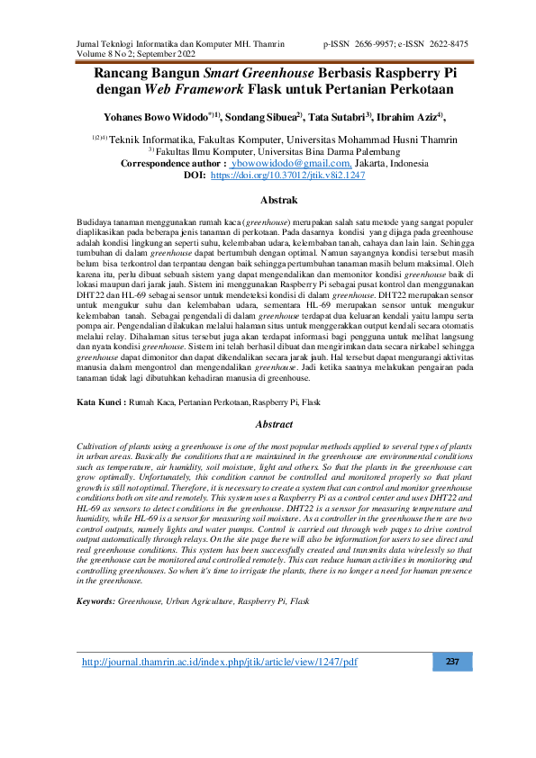 Pdf Rancang Bangun Smart Greenhouse Berbasis Raspberry Pi Dengan Web Framework Flask Untuk