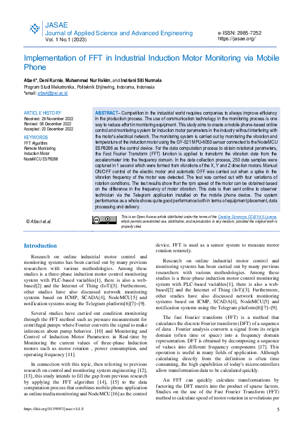 Pdf Implementation Of Fft In Industrial Induction Motor Monitoring Via Mobile Phone