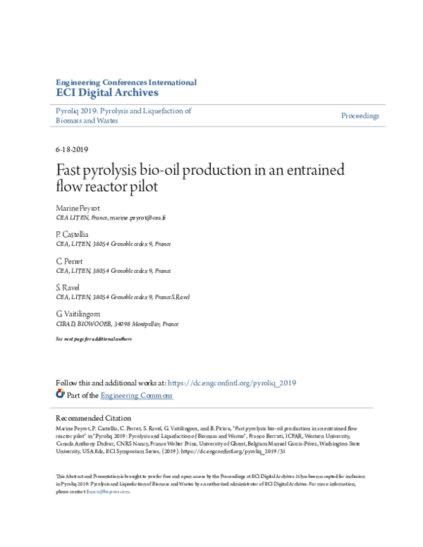 (PDF) Fast pyrolysis bio-oil production in an entrained flow reactor pilot