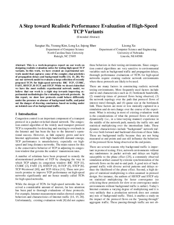 Pdf A Step Toward Realistic Performance Evaluation Of High Speed Tcp