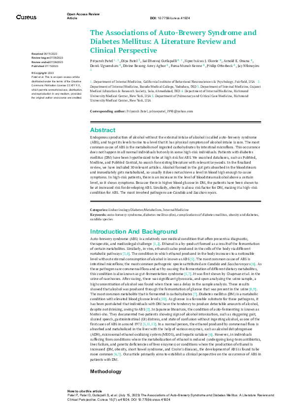 (PDF) The Associations of Auto-Brewery Syndrome and Diabetes Mellitus ...