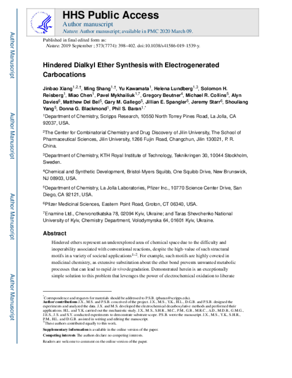 (PDF) Hindered dialkyl ether synthesis with electrogenerated carbocations