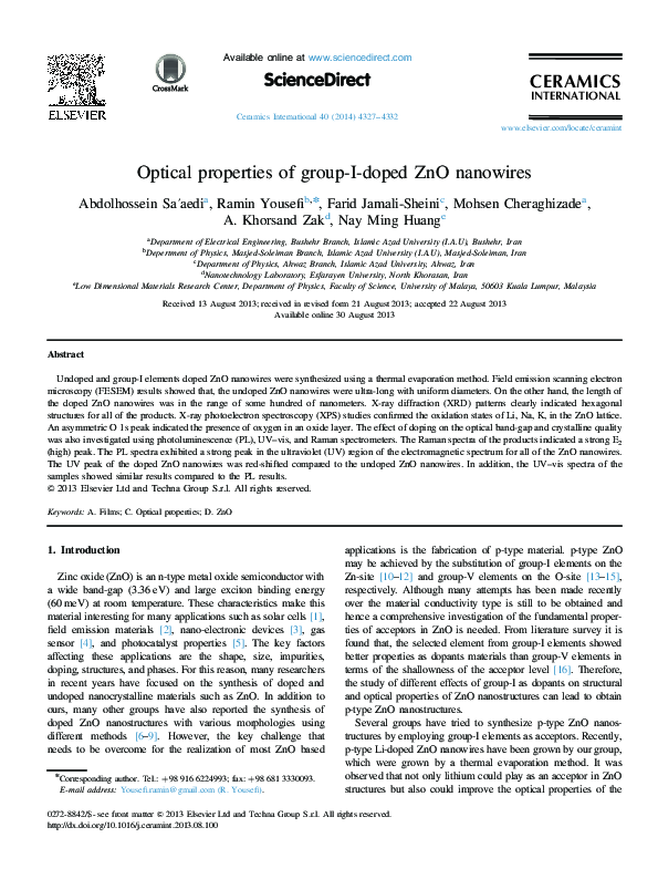 (PDF) Optical properties of group-I-doped ZnO nanowires