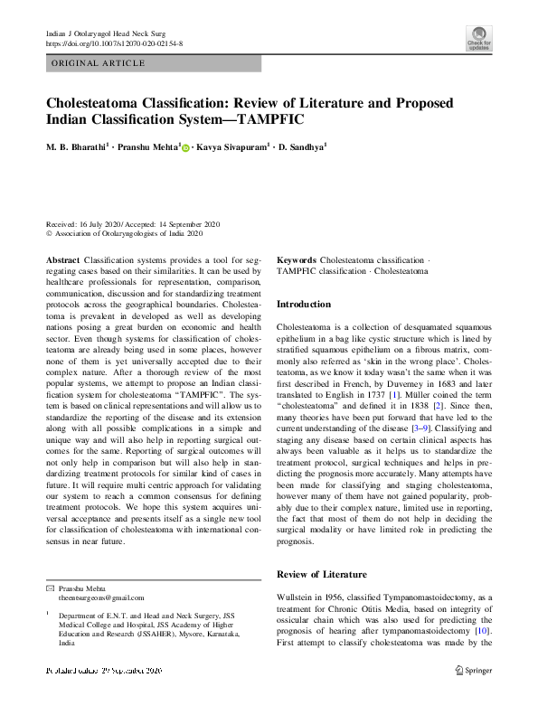 (PDF) Cholesteatoma Classification: Review of Literature and Proposed ...