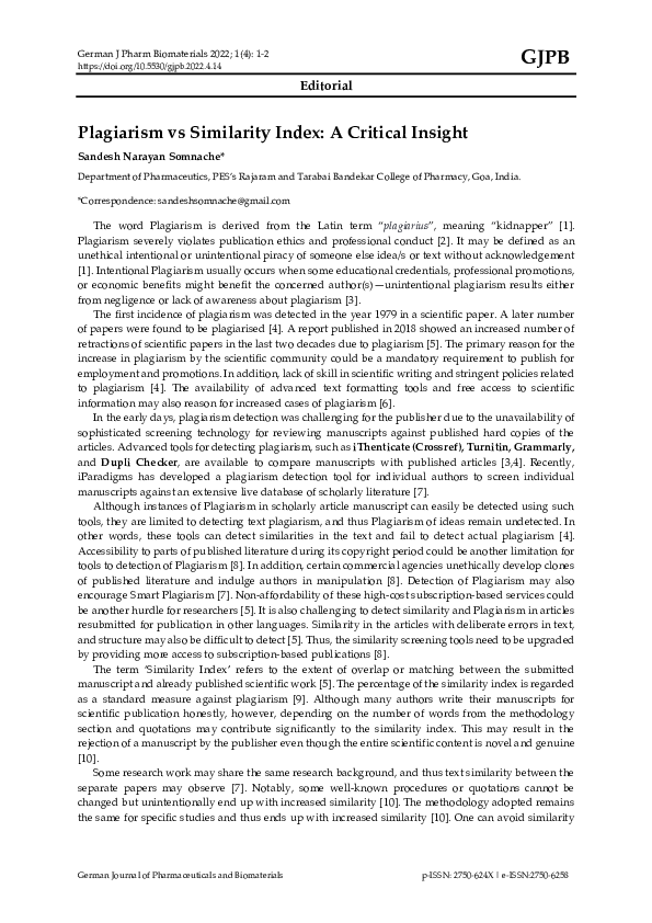 (PDF) Plagiarism vs Similarity Index: A Critical Insight