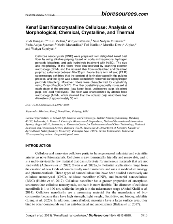 (PDF) Kenaf bast nanocrystalline cellulose: Analysis of morphological ...