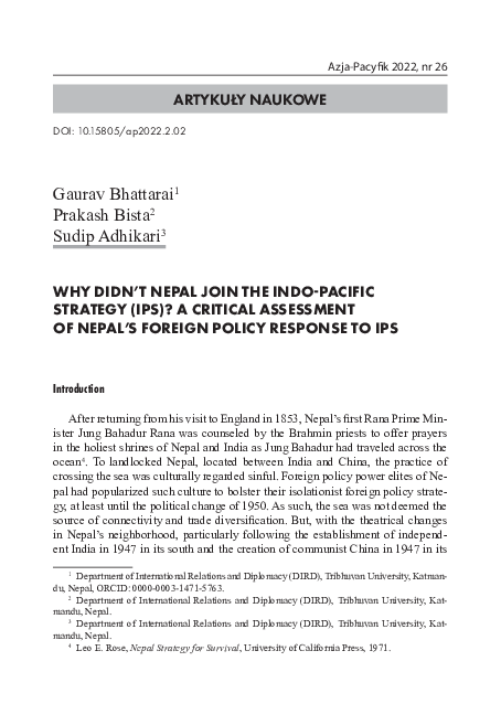 (PDF) WHY DIDN'T NEPAL JOIN THE INDO-PACIFIC STRATEGY (IPS)? A CRITICAL ...