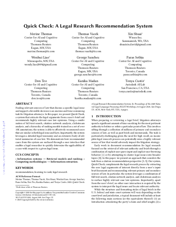 (PDF) Quick Check: A Legal Research Recommendation System