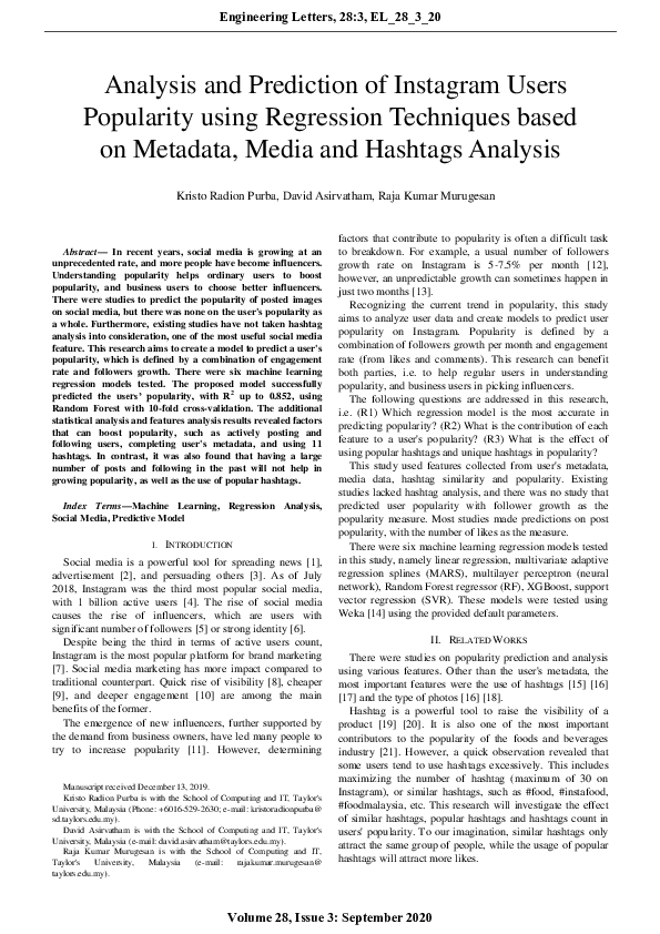 (PDF) Analysis and Prediction of Instagram Users Popularity using Regression Techniques based on ...