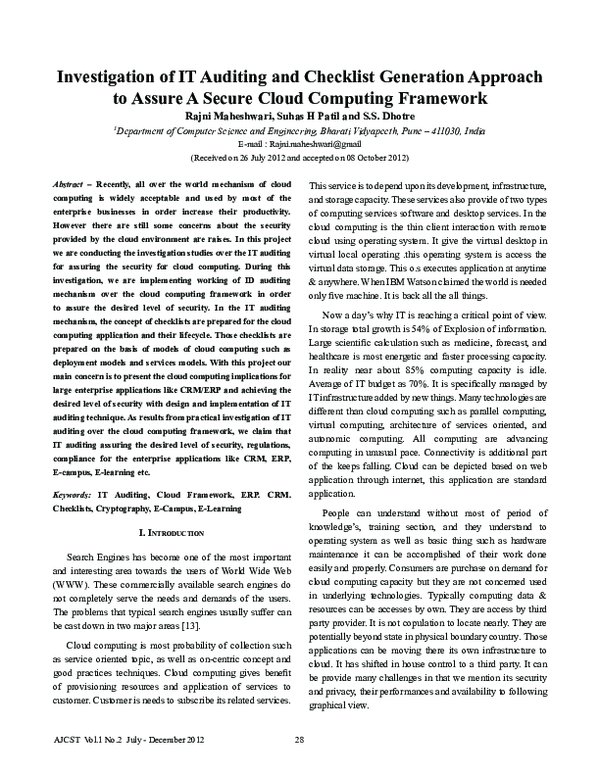 (PDF) Investigation of IT Auditing and Checklist Generation Approach to Assure A Secure Cloud ...