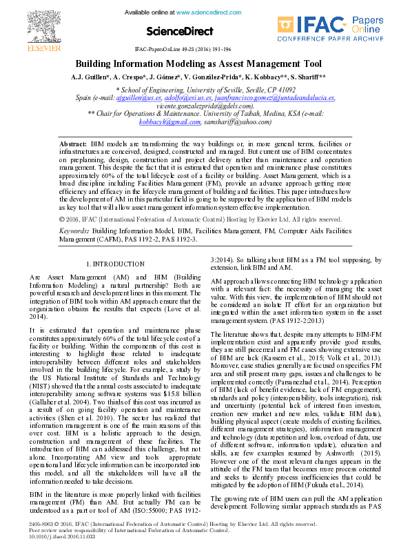 (PDF) Building Information Modeling as Assest Management Tool