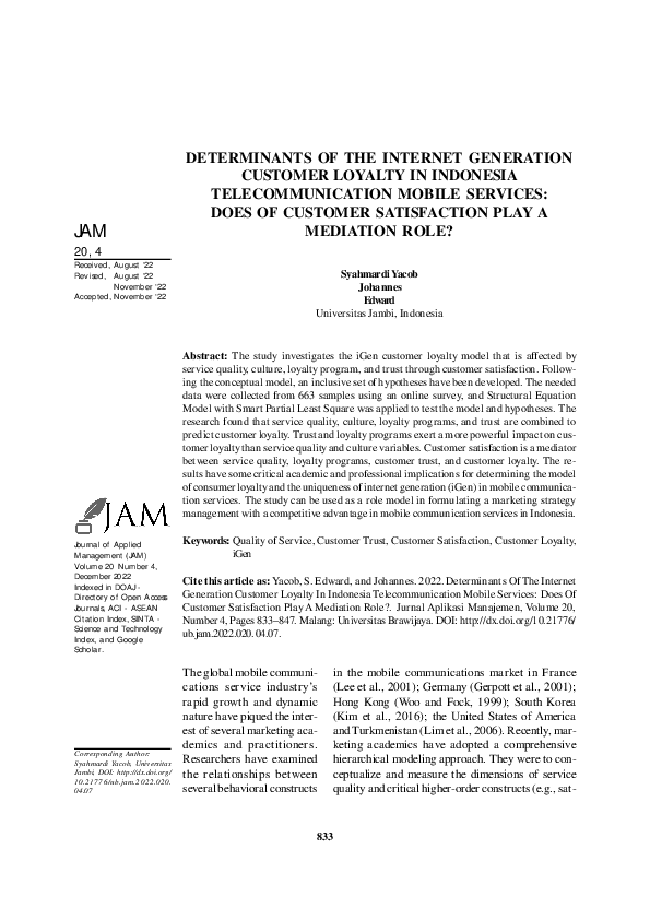 (PDF) Determinants of the Internet Generation Customer Loyalty in Indonesia Telecommunication ...