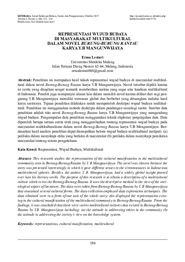 (PDF) Representasi Wujud Budaya DI Masyarakat Multikulturalisme Dalam Novel Burung-Burung Rantau ...
