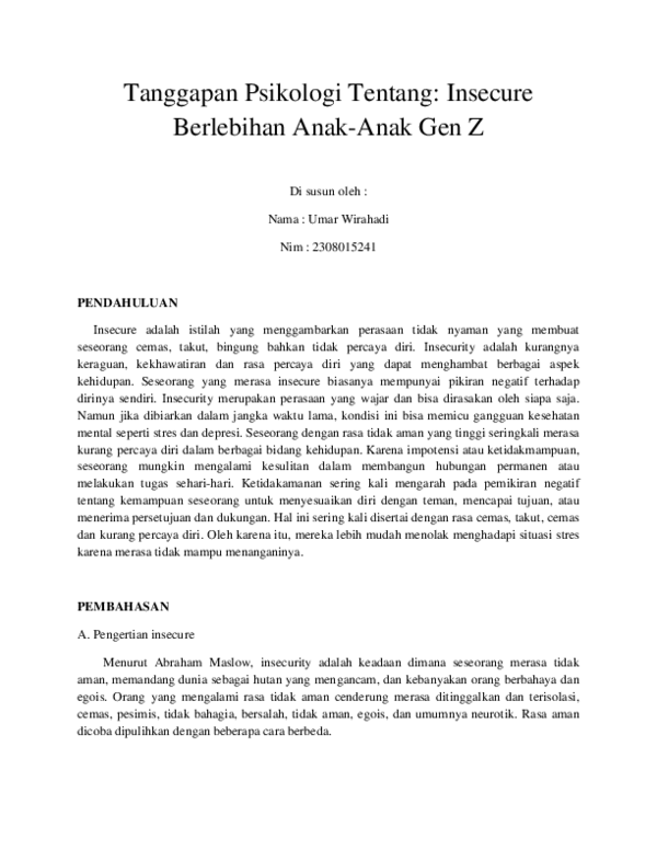 (PDF) Tanggapan Psikologi Tentang: Insecure Berlebihan Anak-Anak Gen Z ...