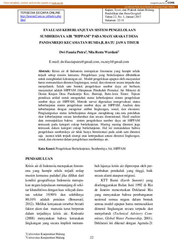 (PDF) Evaluasi Keberlanjutan Sistem Pengelolaan Sumberdaya Air ”HIPPAM ...