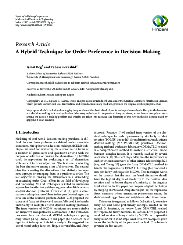(PDF) A Hybrid Technique for Order Preference in Decision-Making