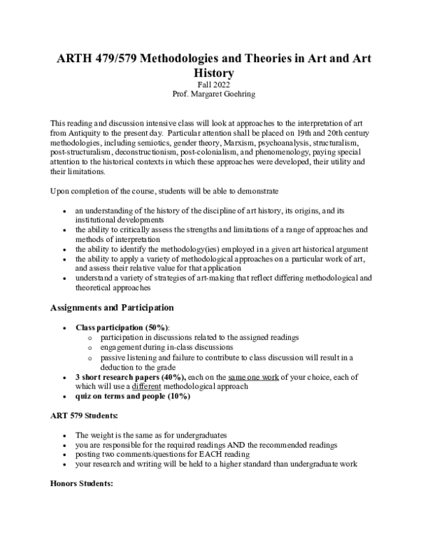 (DOC) Fall 2022 ART 479/579 Methodologies and Theories of Art and Art ...