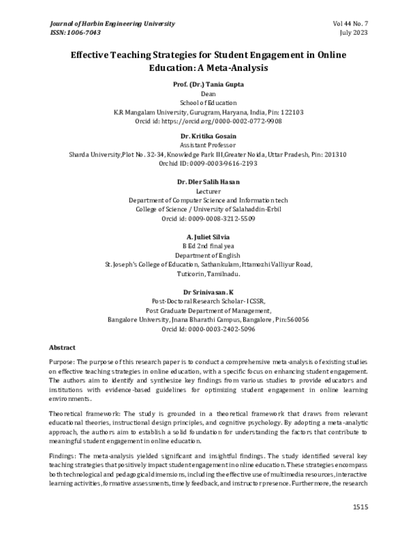 (PDF) Effective Teaching Strategies for Student Engagement in Online Education: A Meta-Analysis