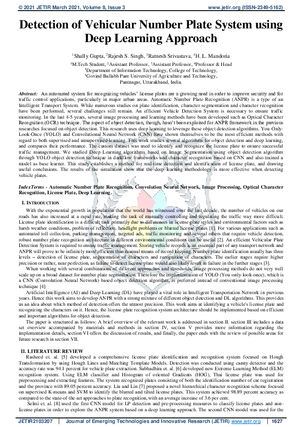 Pdf Detection Of Vehicular Number Plate System Using Deep Learning