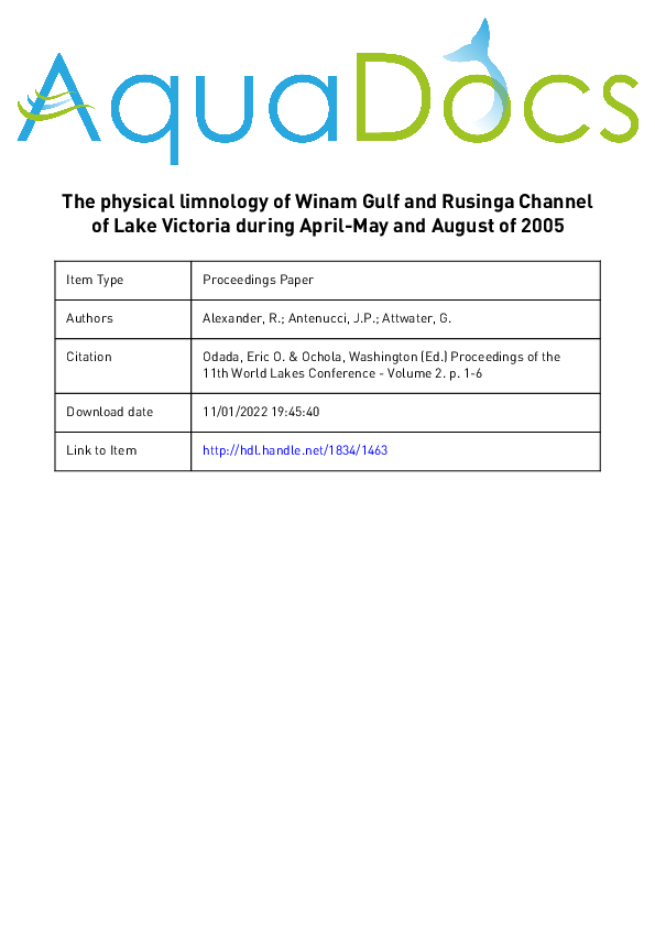 (PDF) 1 The physical limnology of Winam Gulf and Rusinga Channel of ...