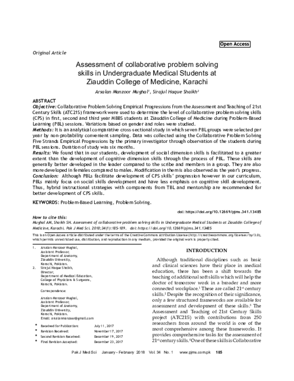 (PDF) Assessment of collaborative problem solving skills