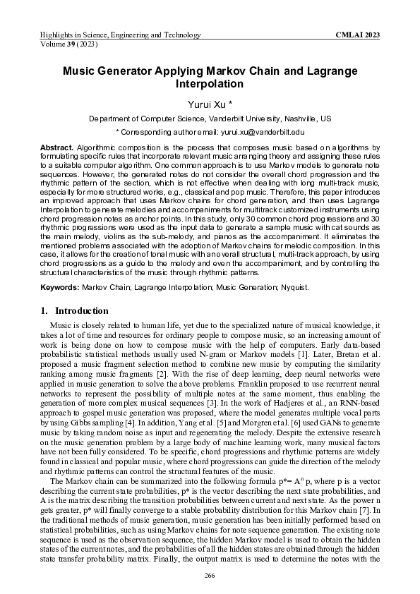 (PDF) Music Generator Applying Markov Chain and Lagrange Interpolation | Yurui Xu - Academia.edu