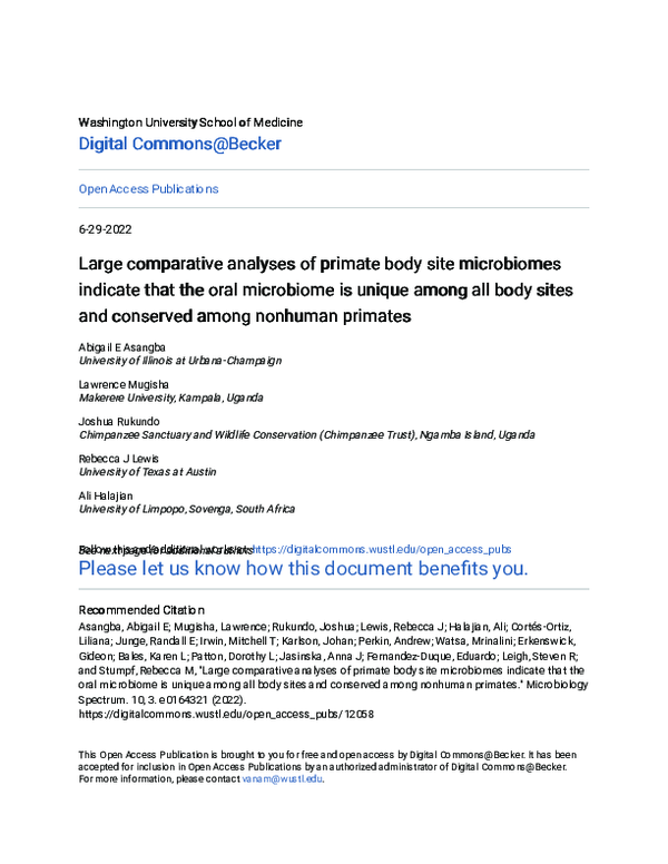 (PDF) Large Comparative Analyses of Primate Body Site Microbiomes Indicate that the Oral ...