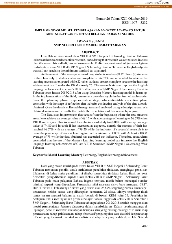 (PDF) Implementasi Model Pembelajaran Mastery Learning Untuk Meningkatkan Prestasi Belajar ...